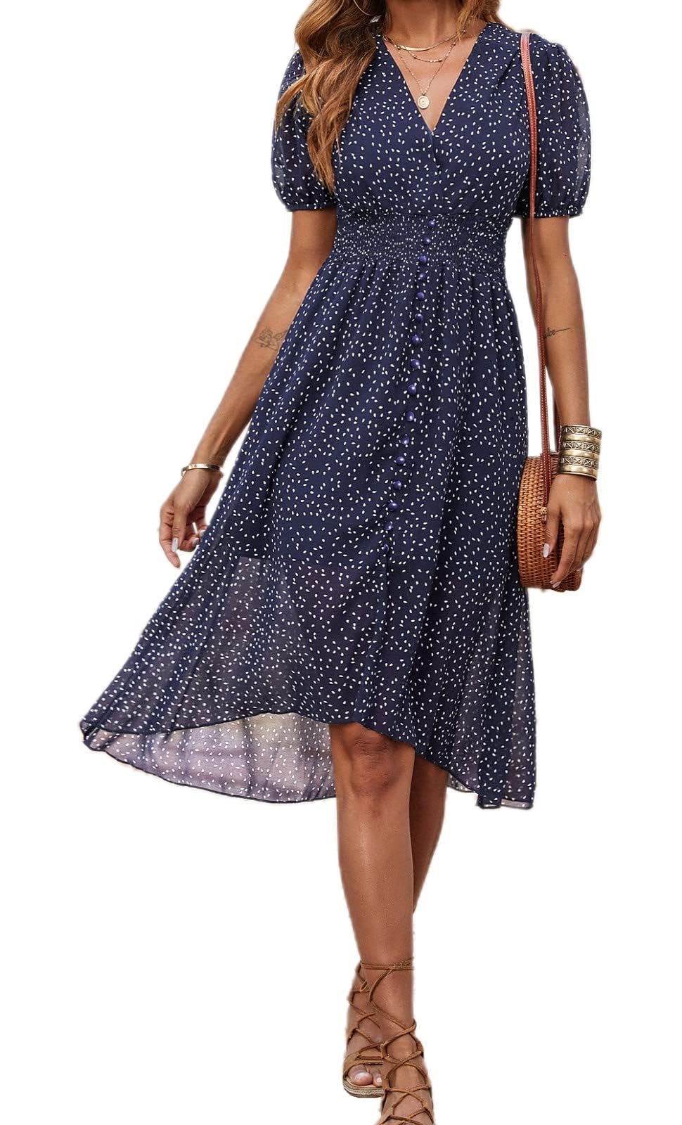 PRETTYGARDEN Puff Sleeve Floral Easter Dress for Women High Low Hem Wrap V Neck Summer Dress Smocked Waist Flowy Midi Dress (Bright Blue, Large)
