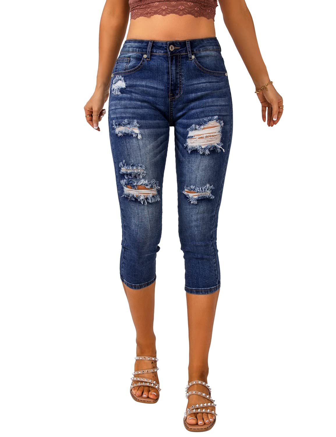 Vetinee Women's Maui Views Summer High Waisted Casual Ripped Distressed Skinny Slim Fit Stretch Cropped Denim Capri Jeans Size X-Large/16-18