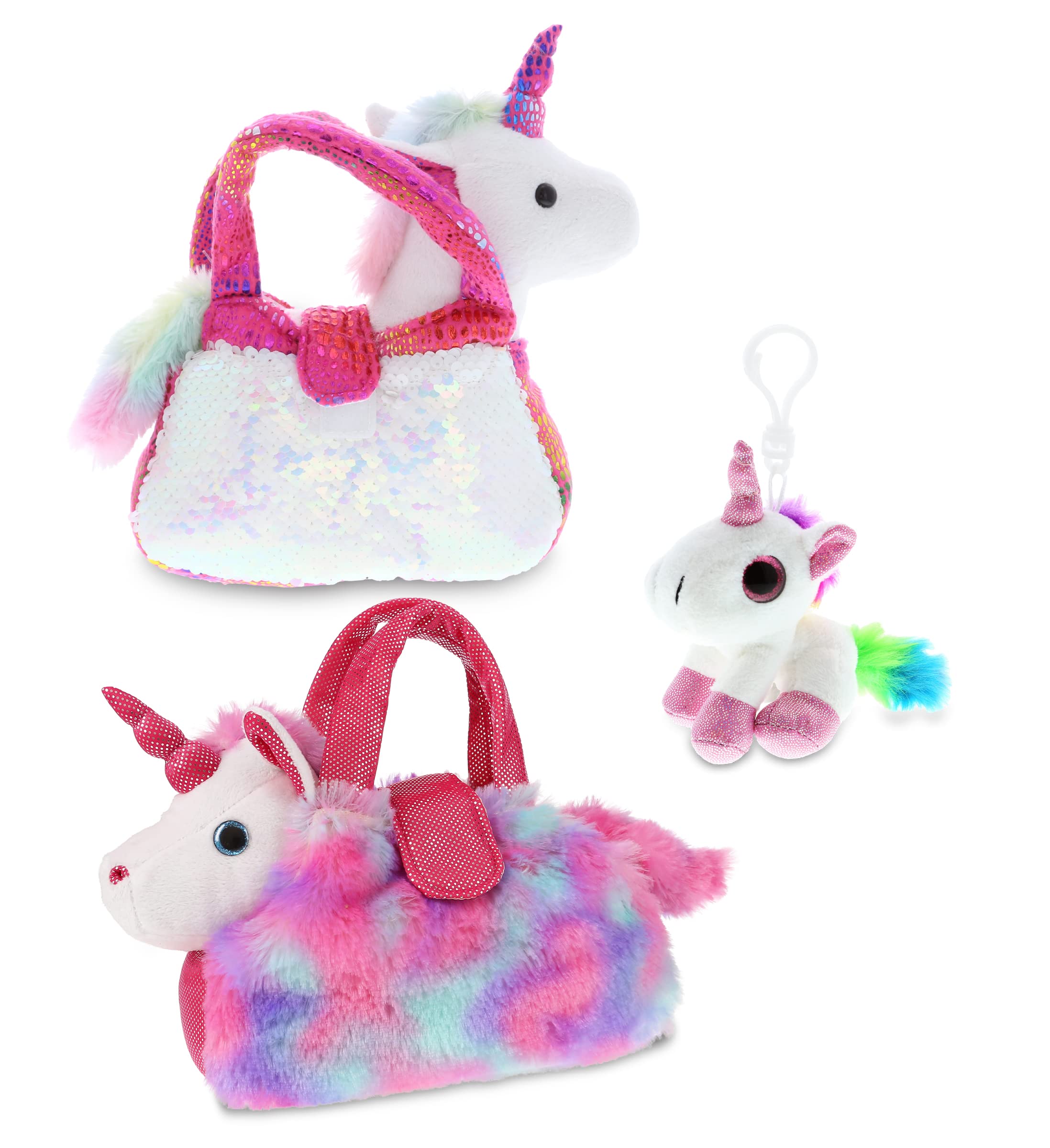 DolliBu Unicorn Bags and Keychain Set of 3-2 Unicorn Stuffed Animal Purse Bags for Girls and 1 Keychain, Removable Unicorns in Sequin and Furry Handbags for Dress Up