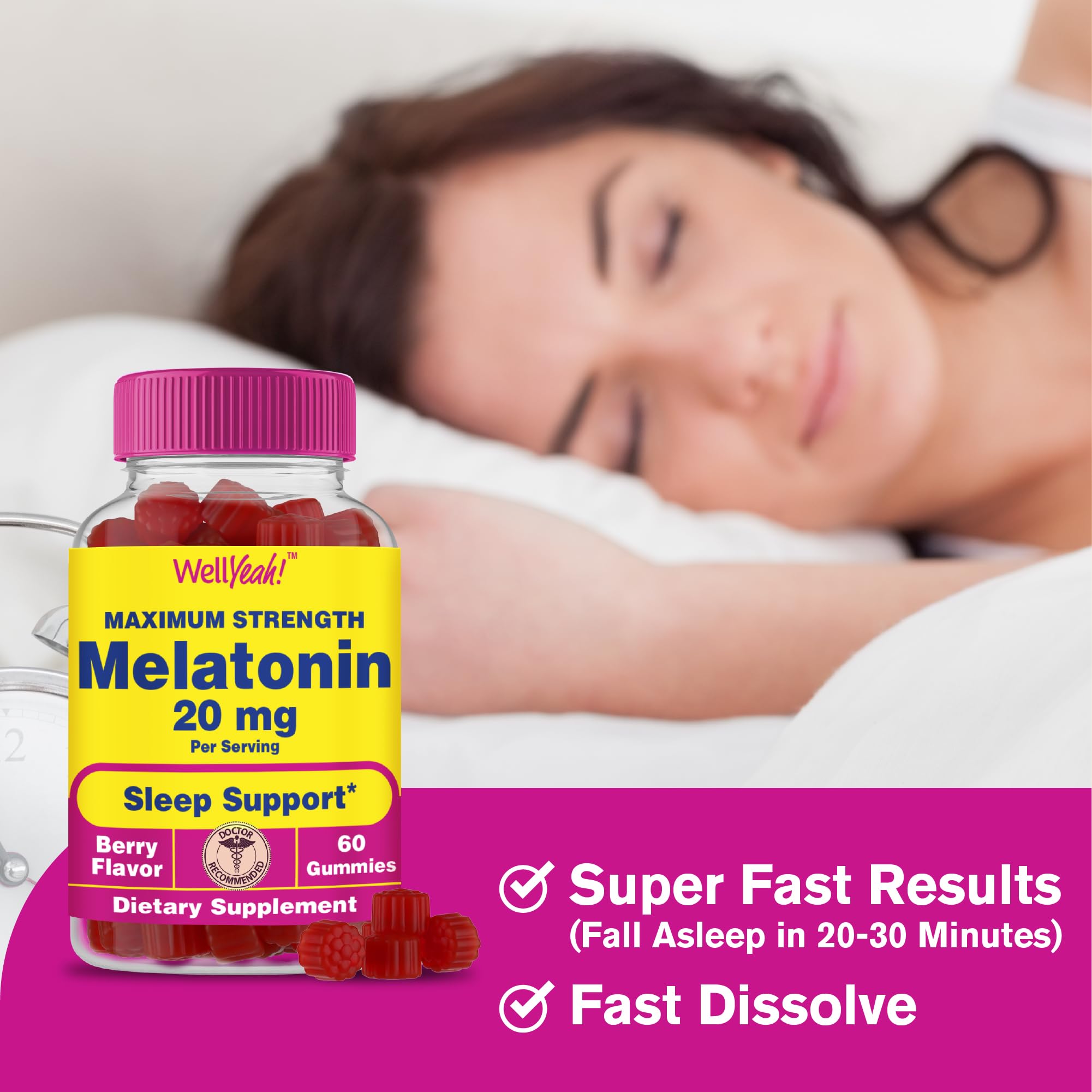 WellYeah Melatonin Gummies 20mg | Sleep Support | Maximum Strength Melatonin 20mg Gummies for Adults | Fast Dissolved | Great Berry Flavor | 60 Count | Vegan, Non GMO