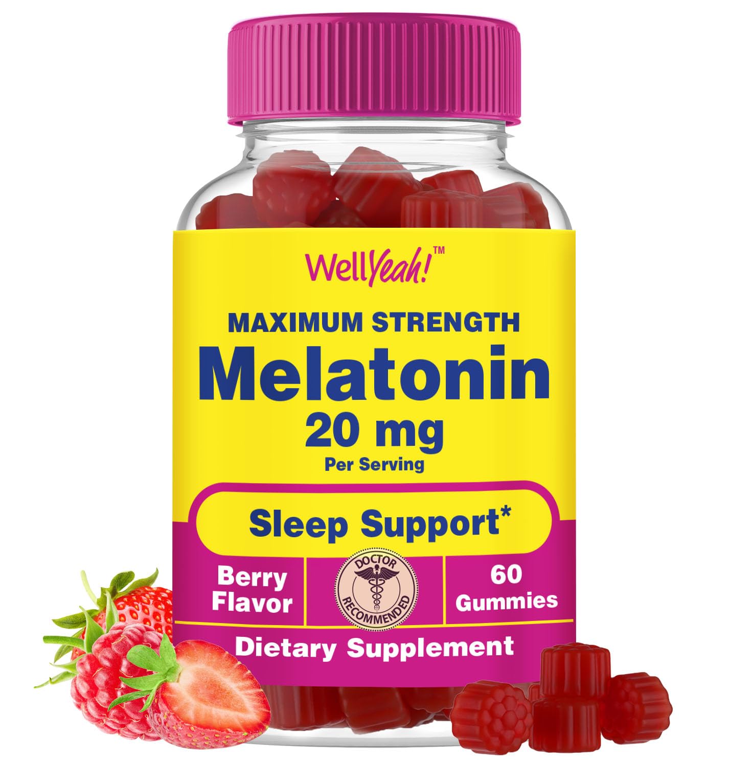 WellYeah Melatonin Gummies 20mg | Sleep Support | Maximum Strength Melatonin 20mg Gummies for Adults | Fast Dissolved | Great Berry Flavor | 60 Count | Vegan, Non GMO