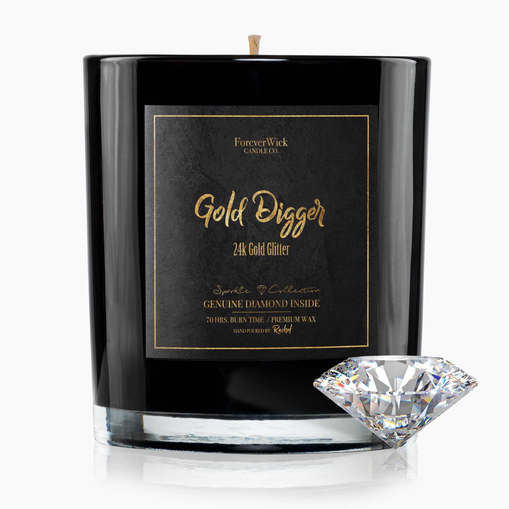 Gold Digger Sparkle Sandlewood & Amber Surprise Candle with Diamond Inside | Foreverwick Candles | Scented Soy Candles Gifts for Women Aromatherapy Candle | All-Natural Organic Soy Candle 14oz | 70h
