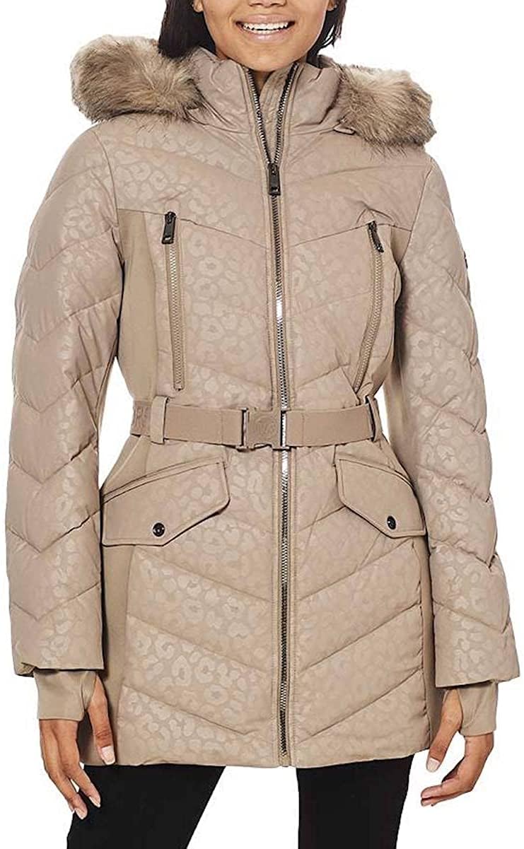 Michael Michael Kors Women's Logo Lepaord Belted Hood Puffer Coat Taupe Animal (xl)