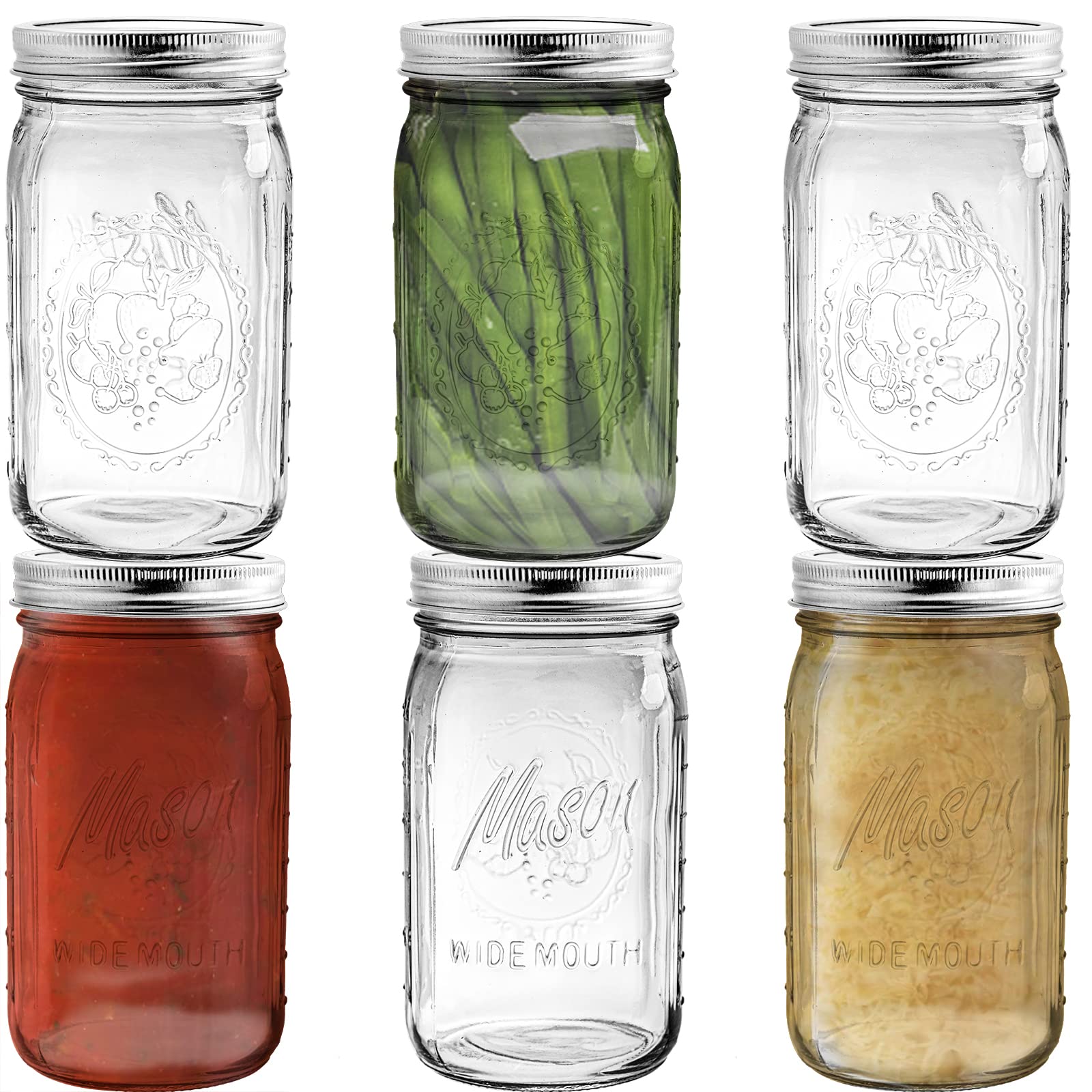 Tebery 6 Pack Wide Mouth Mason Glass Jars, 32Oz Clear Glass Jar Canning Jars with Lids and Bands for Canning, Freezing, Preserving, Beverages & Jar Decor