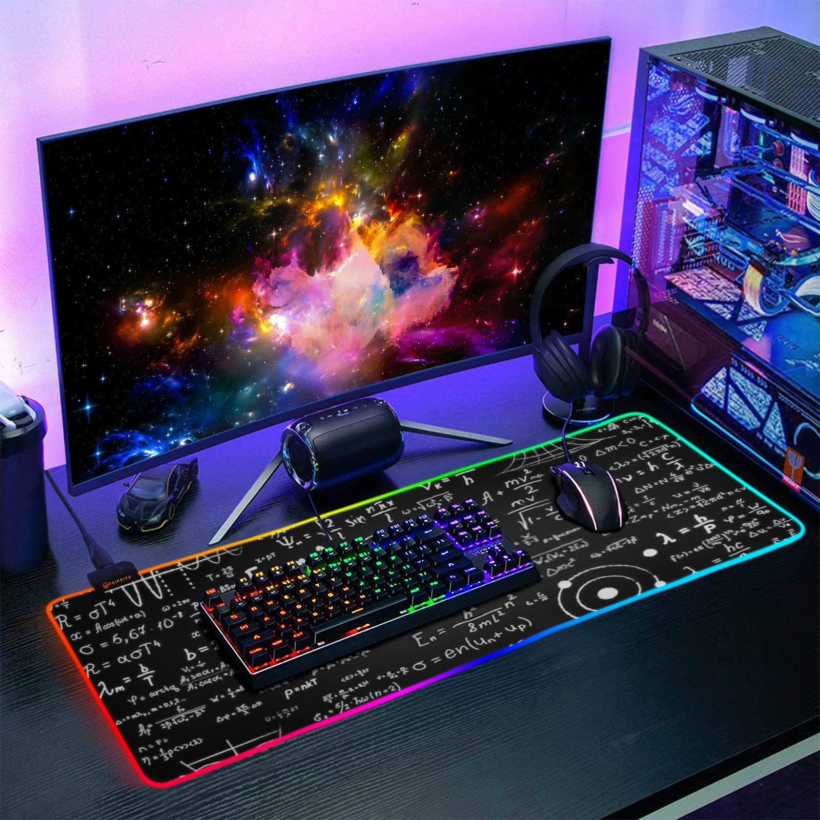 Large RGB Gaming Mouse Pad Blackboard Inscribed Scientific Formulas Calculations Physics Glowing Extended Mousepad 35.4x15.7in, Soft Anti-Slip Rubber Base Luminous Mouse Mat for Pc Laptop, Gaming, of