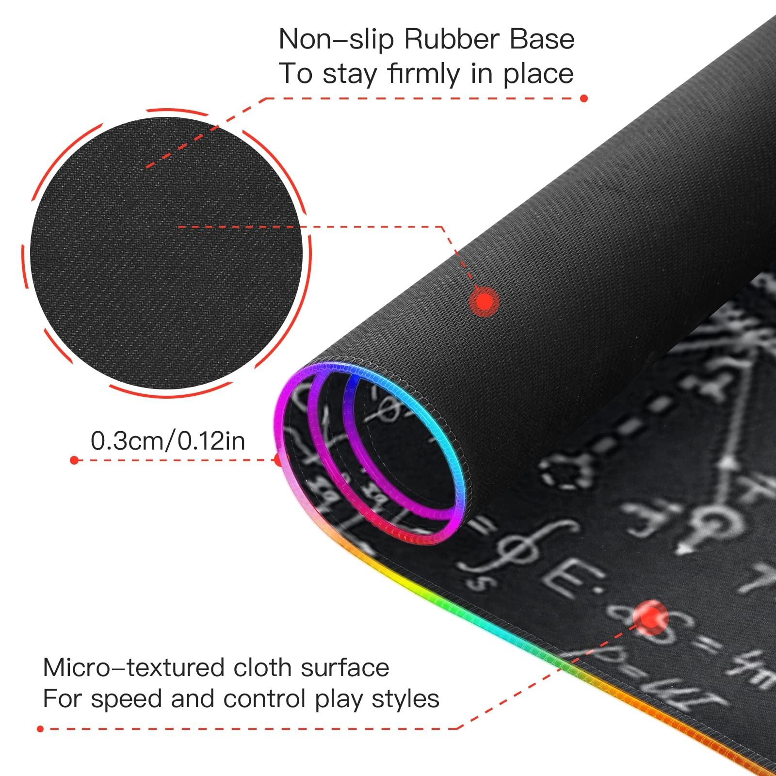 Large RGB Gaming Mouse Pad Blackboard Inscribed Scientific Formulas Calculations Physics Glowing Extended Mousepad 31.5x11.8in, Soft Anti-Slip Rubber Base Luminous Mouse Mat for Pc Laptop, Gaming, of