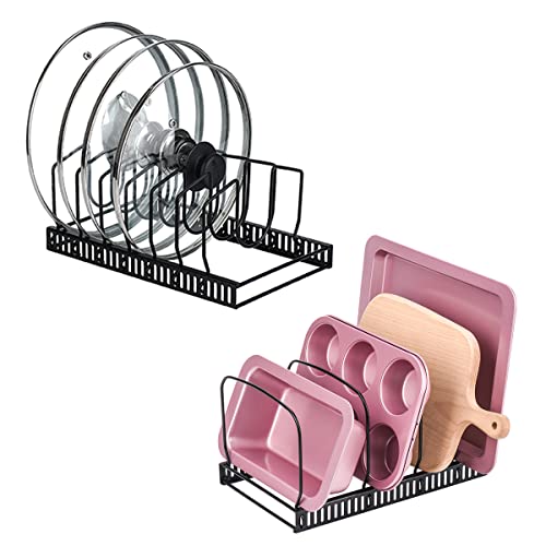 Toplife Adjustable 7+ Lids Organizer Rack + 10+ Bakeware Organizer Rack for Kitchen Cabinet and Counter, Black