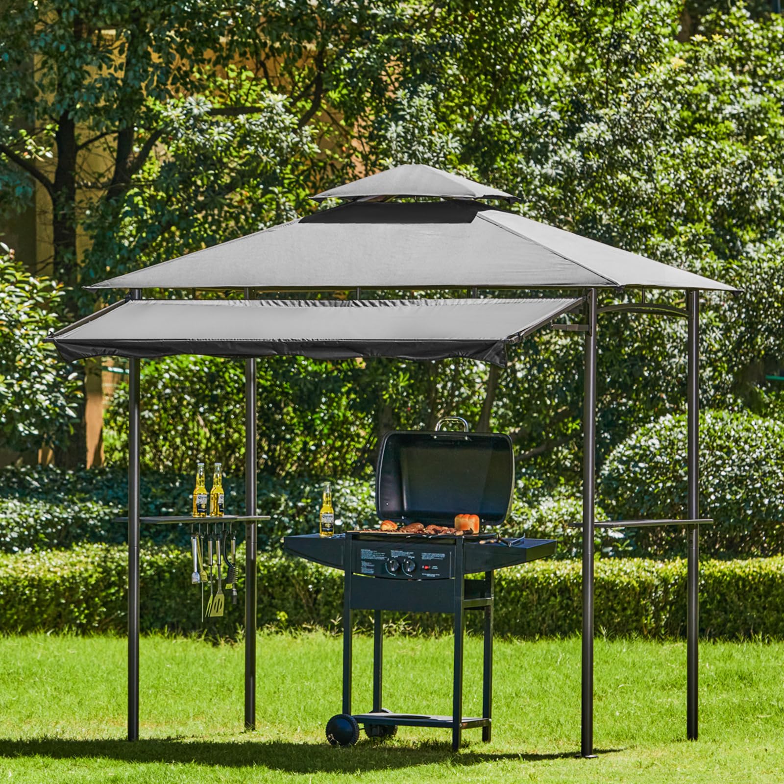 CHARMELEON Double Tiered Grill Gazebo 5x8, Outdoor BBQ Patio Canopy Tent with Stretchable Side Awning (Light Grey)