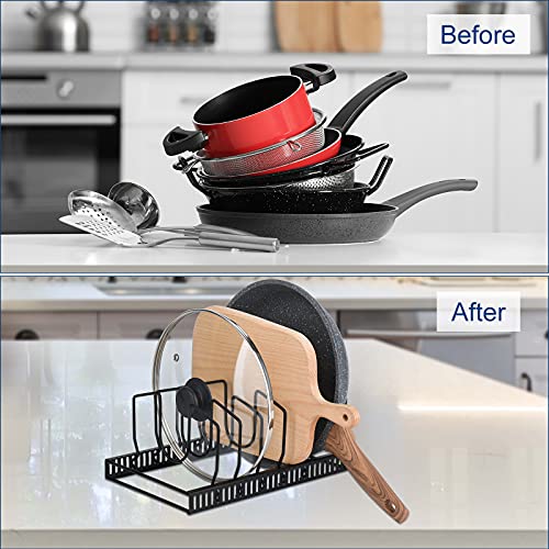 Toplife Adjustable 7+ Lids Organizer Rack + 10+ Bakeware Organizer Rack for Kitchen Cabinet and Counter, Black
