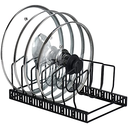 Toplife Adjustable 7+ Lids Organizer Rack + 10+ Bakeware Organizer Rack for Kitchen Cabinet and Counter, Black