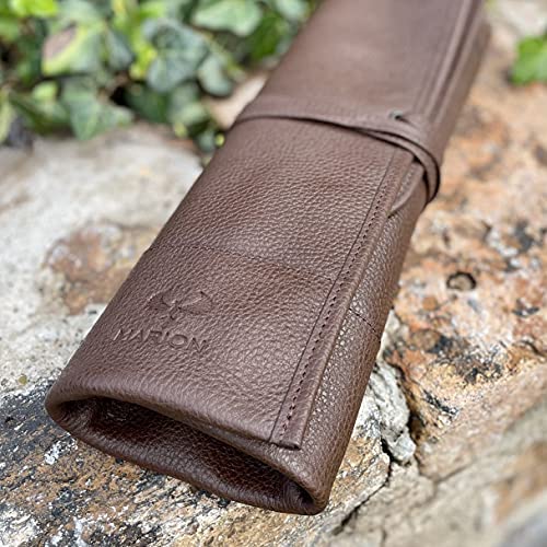 MARION - LA PETITE - Genuine Calf Top Grain Brown Leather - Handcrafted Professional Chef's Knife Storage Roll Bag - 5 Pocketsā¦