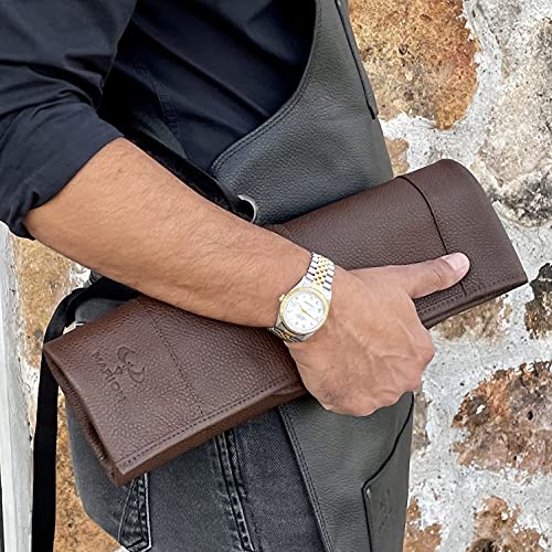 MARION - LA PETITE - Genuine Calf Top Grain Brown Leather - Handcrafted Professional Chef's Knife Storage Roll Bag - 5 Pocketsā¦