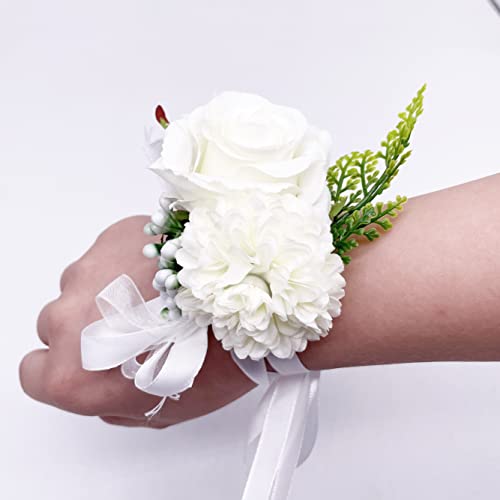 Milisente Rose Wrist Corsage Wristlet Band Bracelet and Men Boutonniere Set for White Wedding Flowers Accessories Prom Suit Decorations(White)