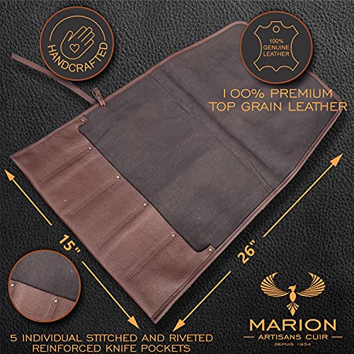 MARION - LA PETITE - Genuine Calf Top Grain Brown Leather - Handcrafted Professional Chef's Knife Storage Roll Bag - 5 Pocketsā¦
