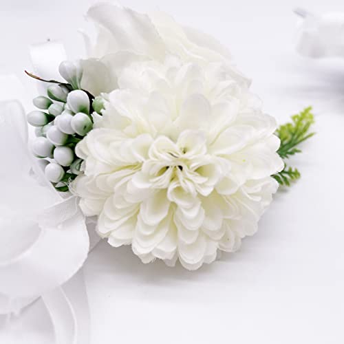 Milisente Rose Wrist Corsage Wristlet Band Bracelet and Men Boutonniere Set for White Wedding Flowers Accessories Prom Suit Decorations(White)