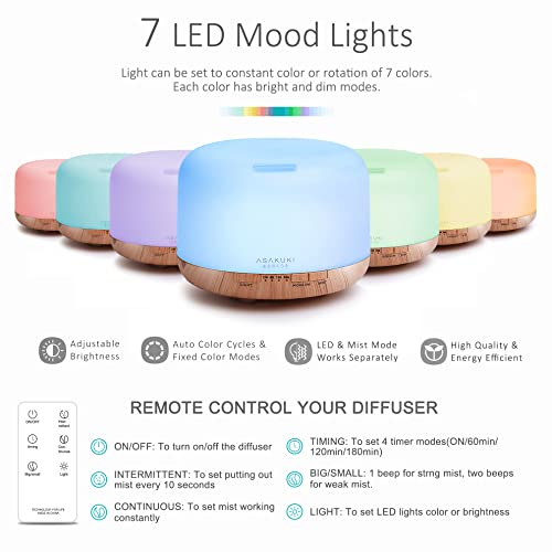 ASAKUKI 500ml Premium, Essential Oil Diffuser with Remote Control, 5 in 1 Ultrasonic Aromatherapy Fragrant Oil Humidifier Vaporizer, Timer and Auto-Off Safety Switch