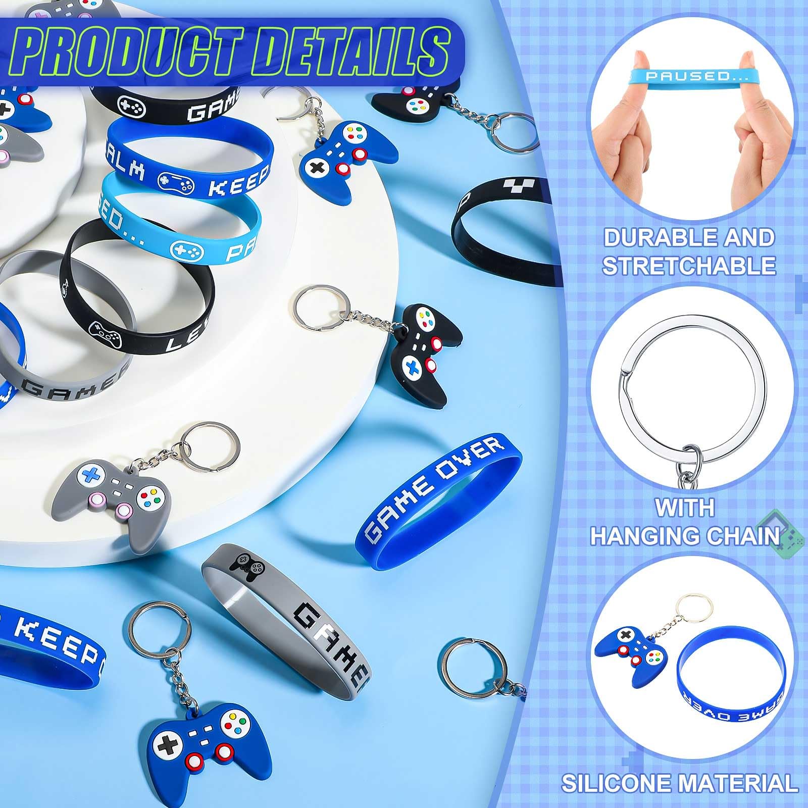 Shappy 36 Pieces Includes Video Game Bracelets Wristbands Gaming Party Bags with Drawstring Game Controller Keychains for Video Game Birthday Party Favors Supplies