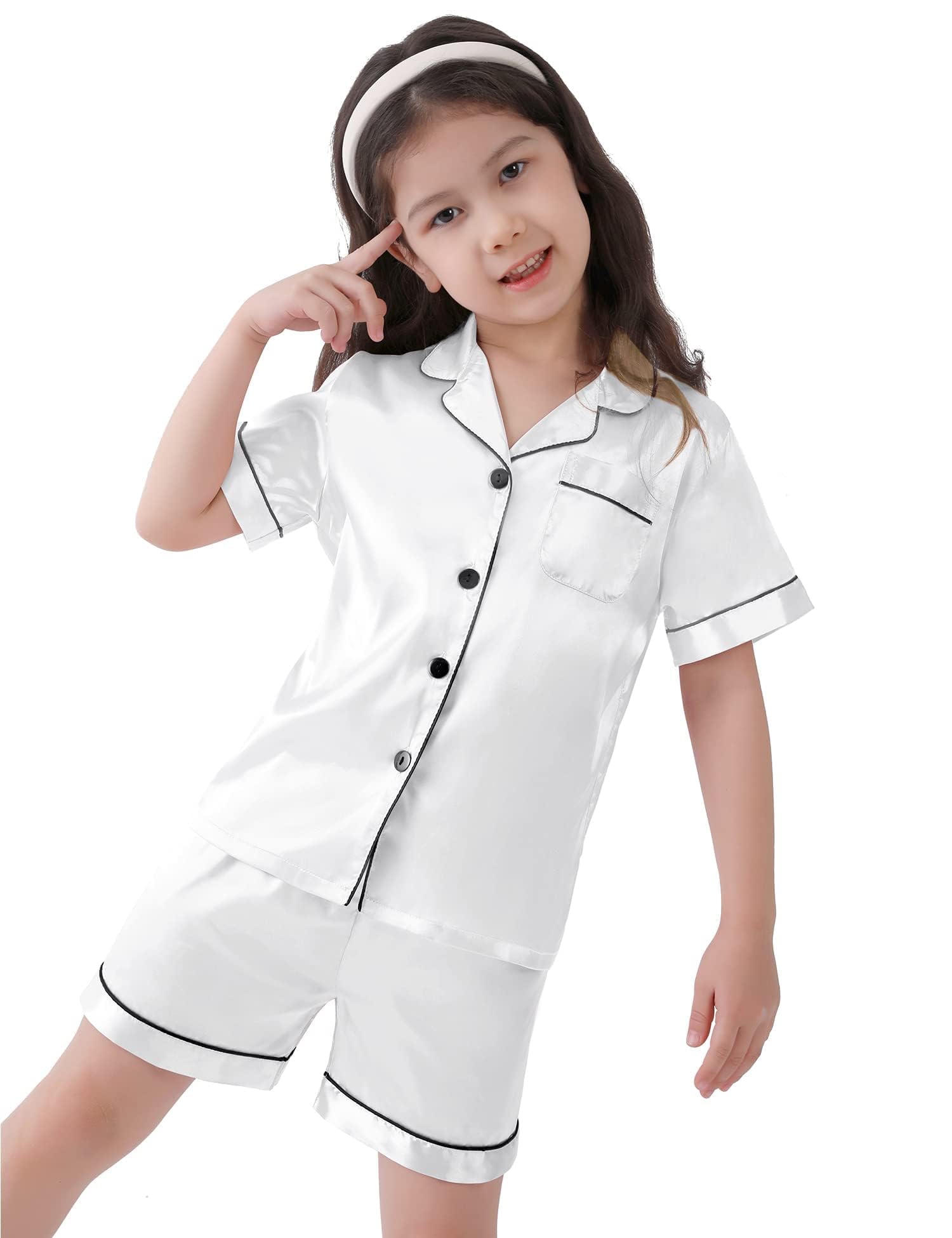 SWOMOG Satin Pajamas for Girls Boys Baby Button-Down Pjs Sets Two-Piece Lounge Sets Classic Silk Sleepwear White