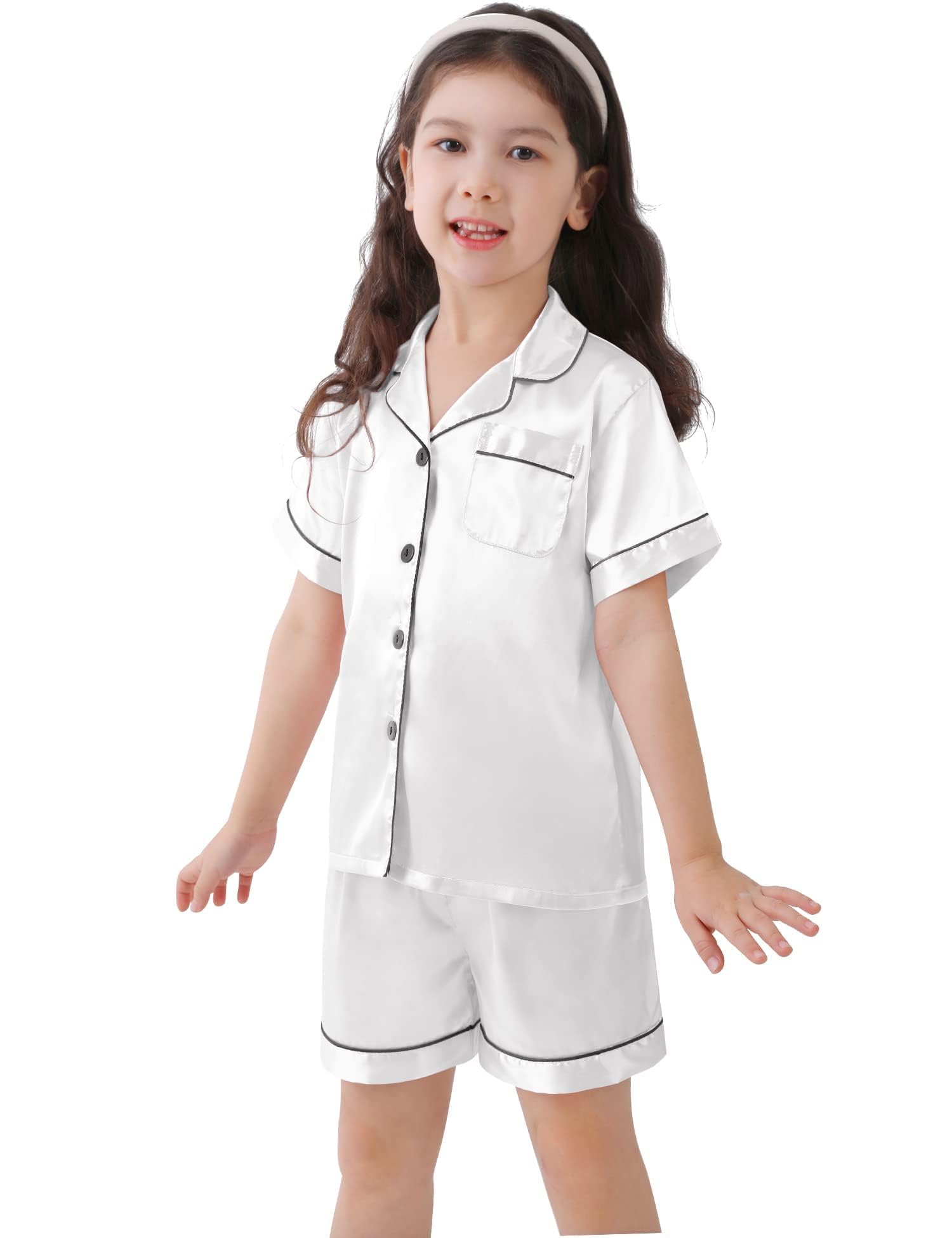 SWOMOG Satin Pajamas for Girls Boys Baby Button-Down Pjs Sets Two-Piece Lounge Sets Classic Silk Sleepwear White