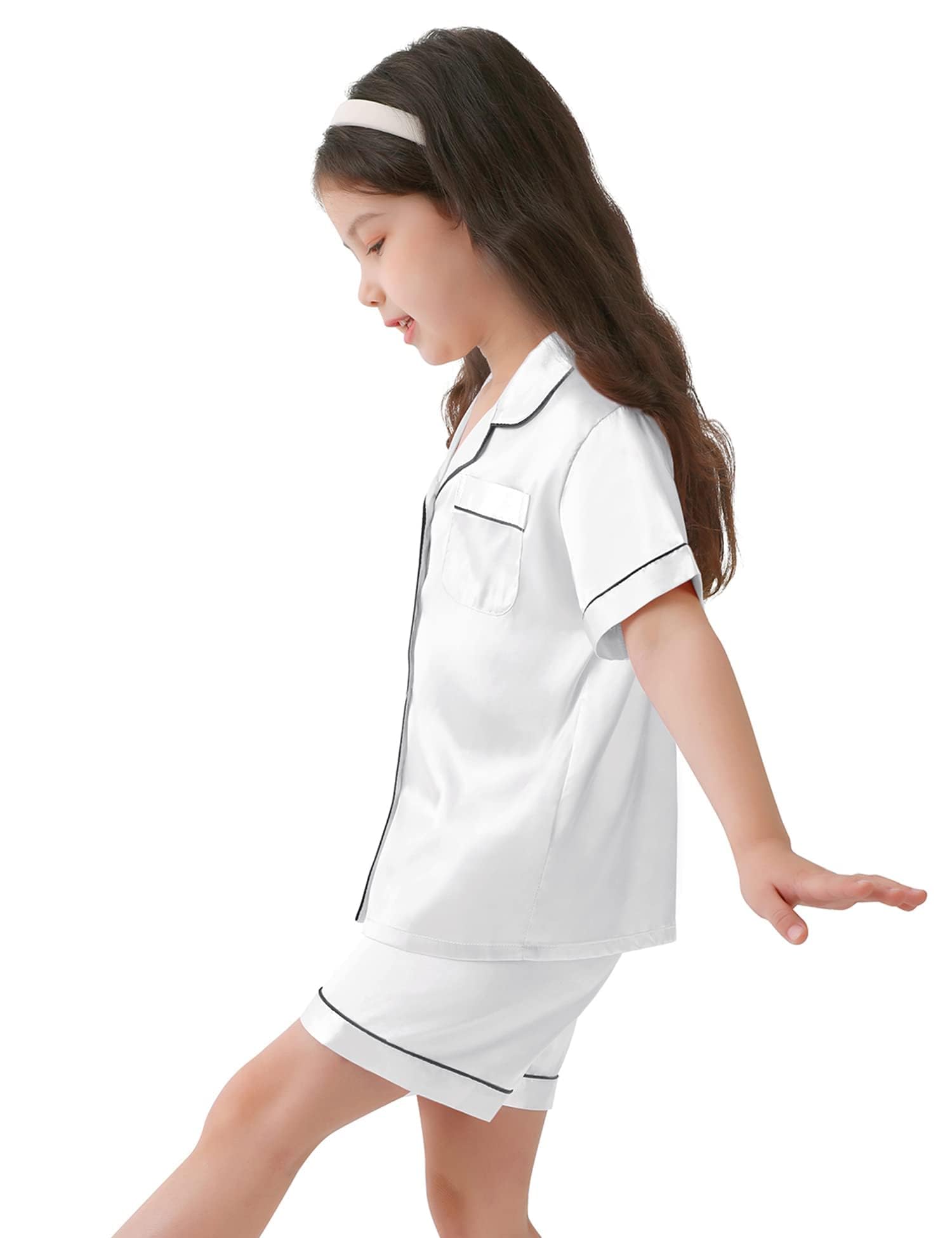 SWOMOG Satin Pajamas for Girls Boys Baby Button-Down Pjs Sets Two-Piece Lounge Sets Classic Silk Sleepwear White