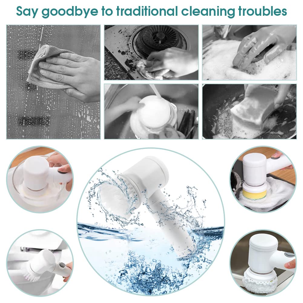 Household Electric Spin Scrubber Cordless Electric Cleaning Brush, Power Spinning Scrub Brush,Handheld Shower Cleaner Brush with 5 Replaceable Brush Heads for Kitchen/Bathroom/Wall