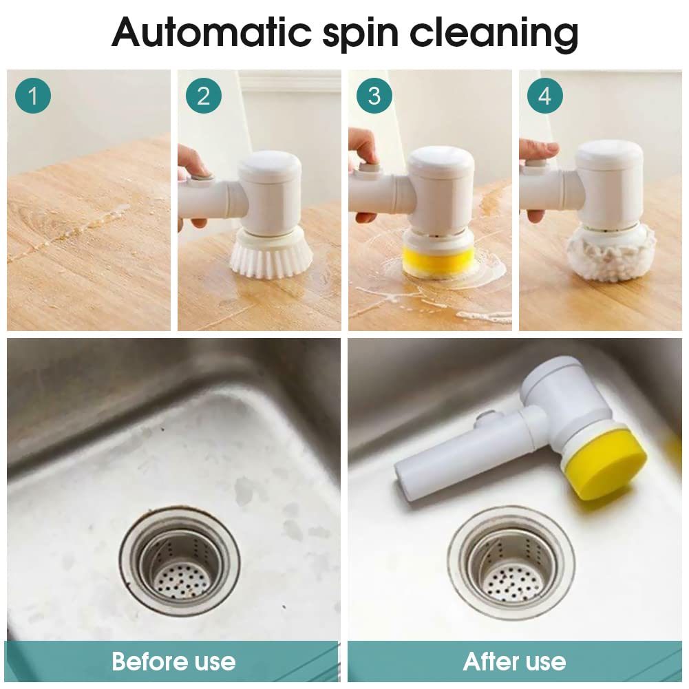 Household Electric Spin Scrubber Cordless Electric Cleaning Brush, Power Spinning Scrub Brush,Handheld Shower Cleaner Brush with 5 Replaceable Brush Heads for Kitchen/Bathroom/Wall