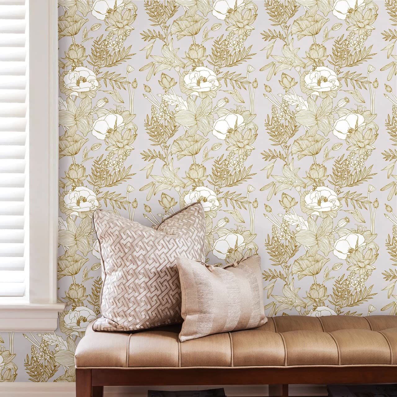 Blooming Wall Elegant Modern Gold Lotus Lily Leaf Peel and Stick Wallpaper Self-Adhesive Prepasted Wallpaper Wall Mural Wall Decor (17.7βx118β, Metallic Gold)