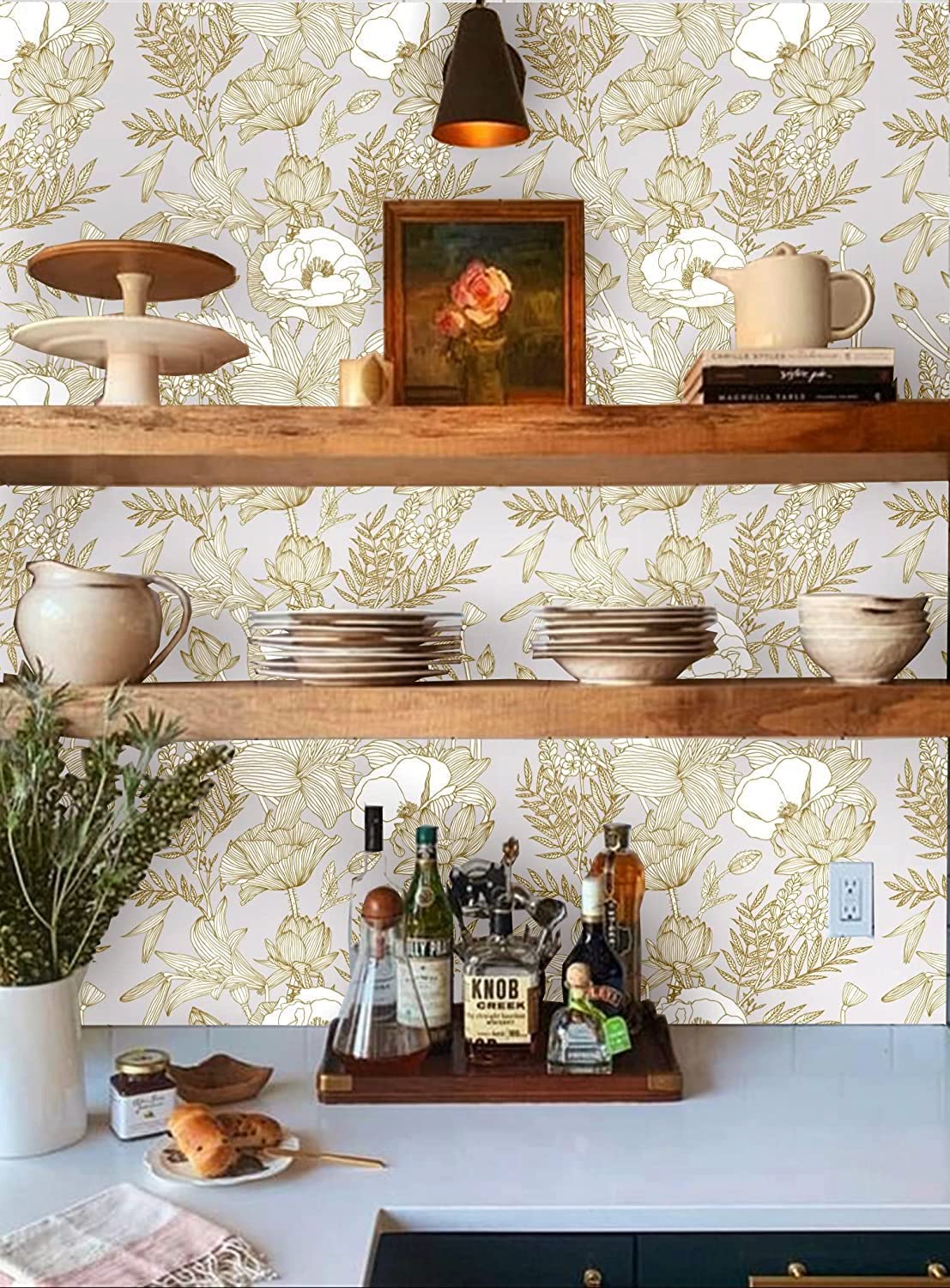 Blooming Wall Elegant Modern Gold Lotus Lily Leaf Peel and Stick Wallpaper Self-Adhesive Prepasted Wallpaper Wall Mural Wall Decor (17.7βx118β, Metallic Gold)