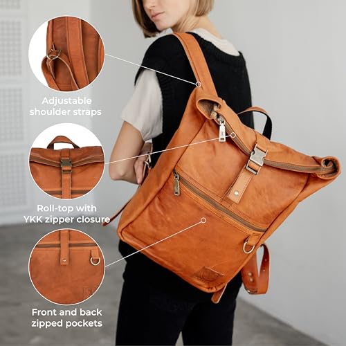 BERLINER BAGS Vintage Genuine Leather Backpack Utrecht M, Laptop Backpack, Travel Backpack for Women and Men - Brown