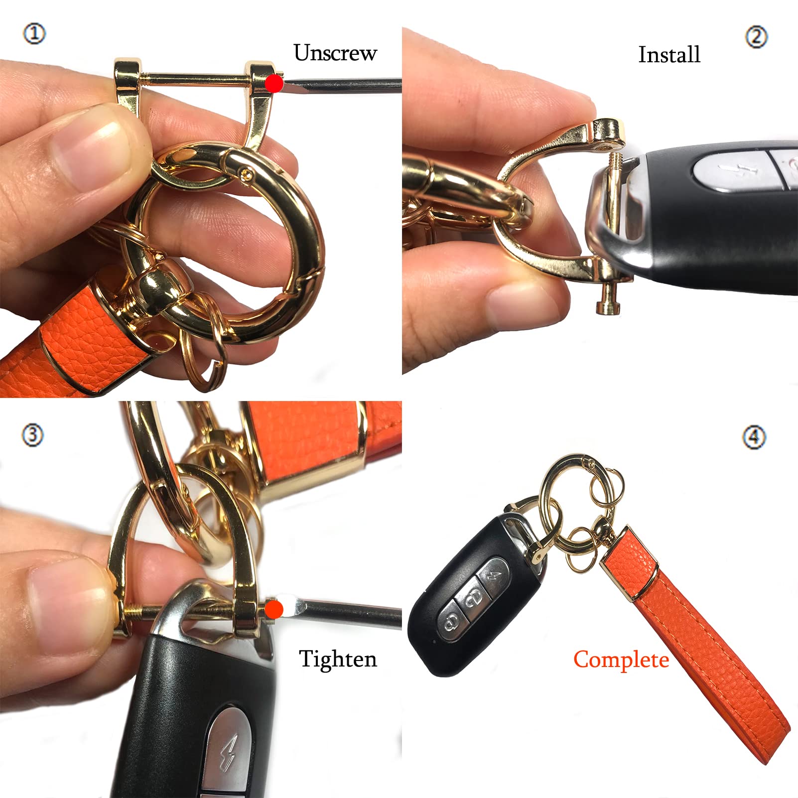 leather men and women general-purpose car keychain chain holders can be rotated 360 degrees, anti-lost D-rings, Orange + Gold Horseshoe Buckle,