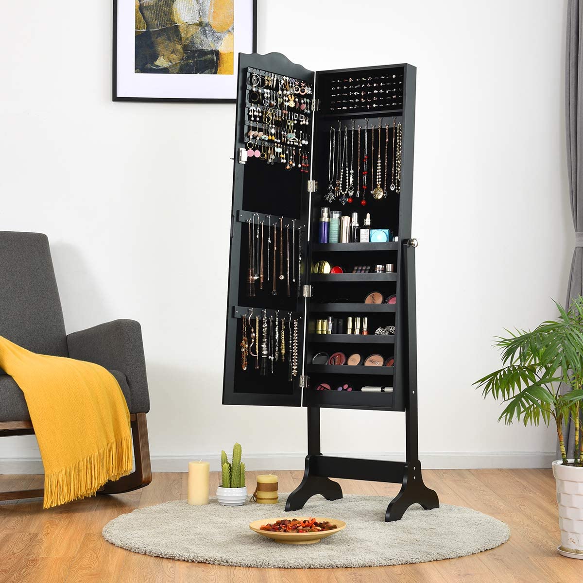 AUGESTER Lockable Mirrored Standing Jewelry Armoire Organizer, Large Storage Jewelry Cabinet w/Full Length Outside Mirror, 4 Angel Adjustable & Top Arc Design, 2-in-1 Jewelry Box Organizer (Black)