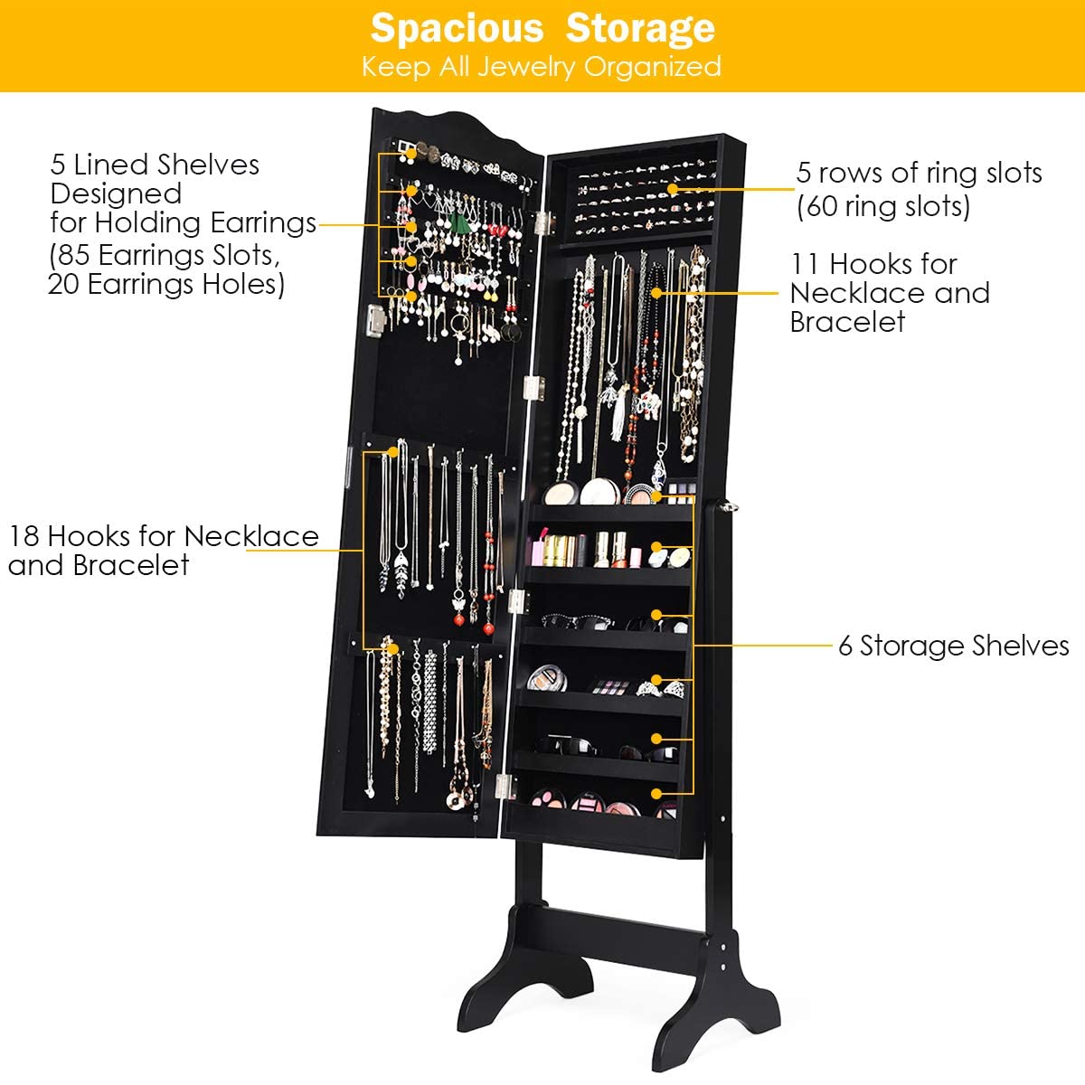 AUGESTER Lockable Mirrored Standing Jewelry Armoire Organizer, Large Storage Jewelry Cabinet w/Full Length Outside Mirror, 4 Angel Adjustable & Top Arc Design, 2-in-1 Jewelry Box Organizer (Black)