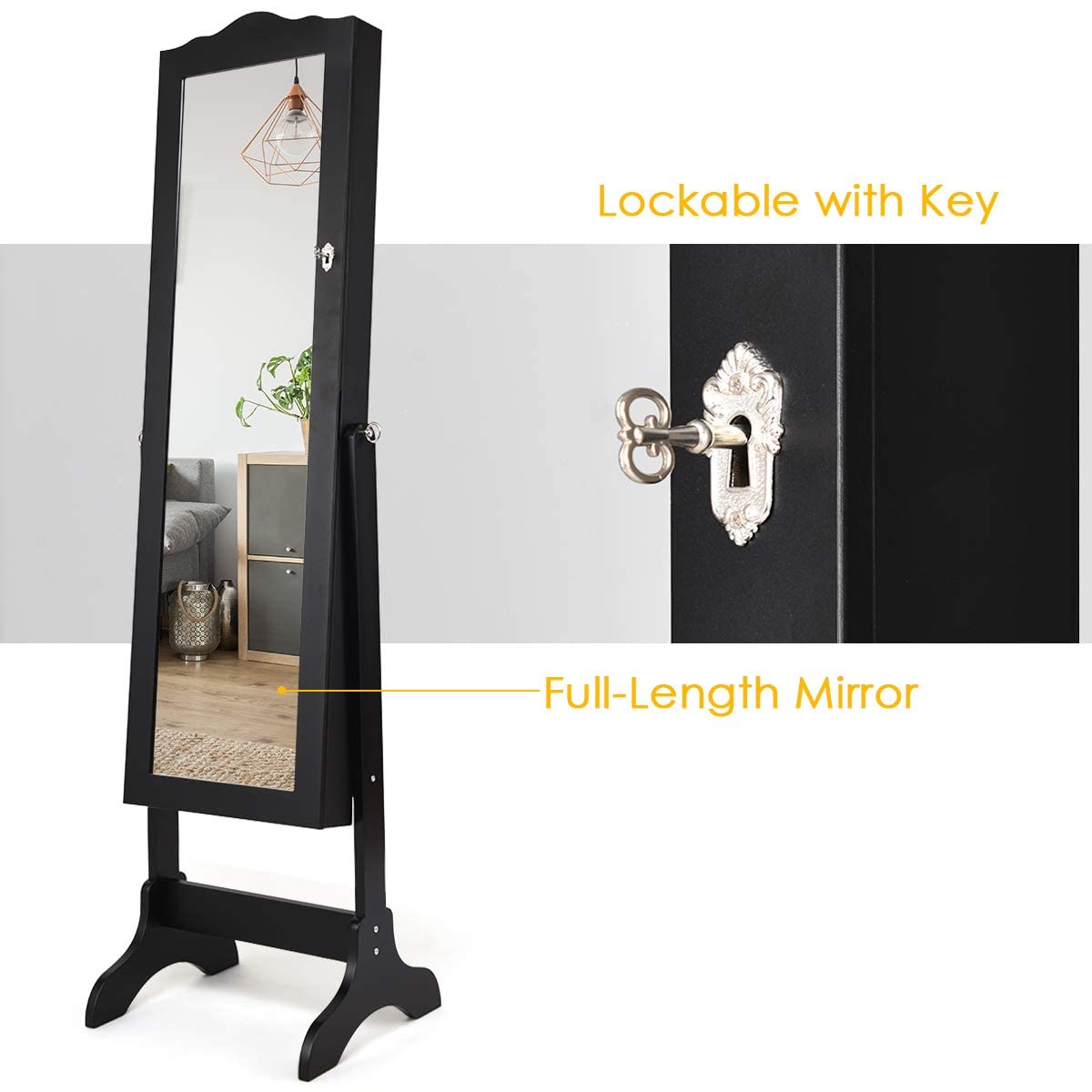 AUGESTER Lockable Mirrored Standing Jewelry Armoire Organizer, Large Storage Jewelry Cabinet w/Full Length Outside Mirror, 4 Angel Adjustable & Top Arc Design, 2-in-1 Jewelry Box Organizer (Black)
