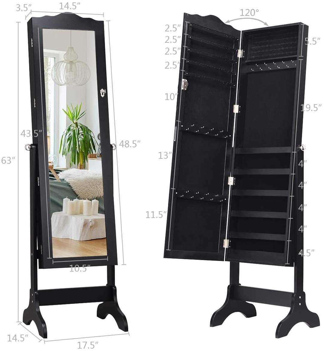 AUGESTER Lockable Mirrored Standing Jewelry Armoire Organizer, Large Storage Jewelry Cabinet w/Full Length Outside Mirror, 4 Angel Adjustable & Top Arc Design, 2-in-1 Jewelry Box Organizer (Black)