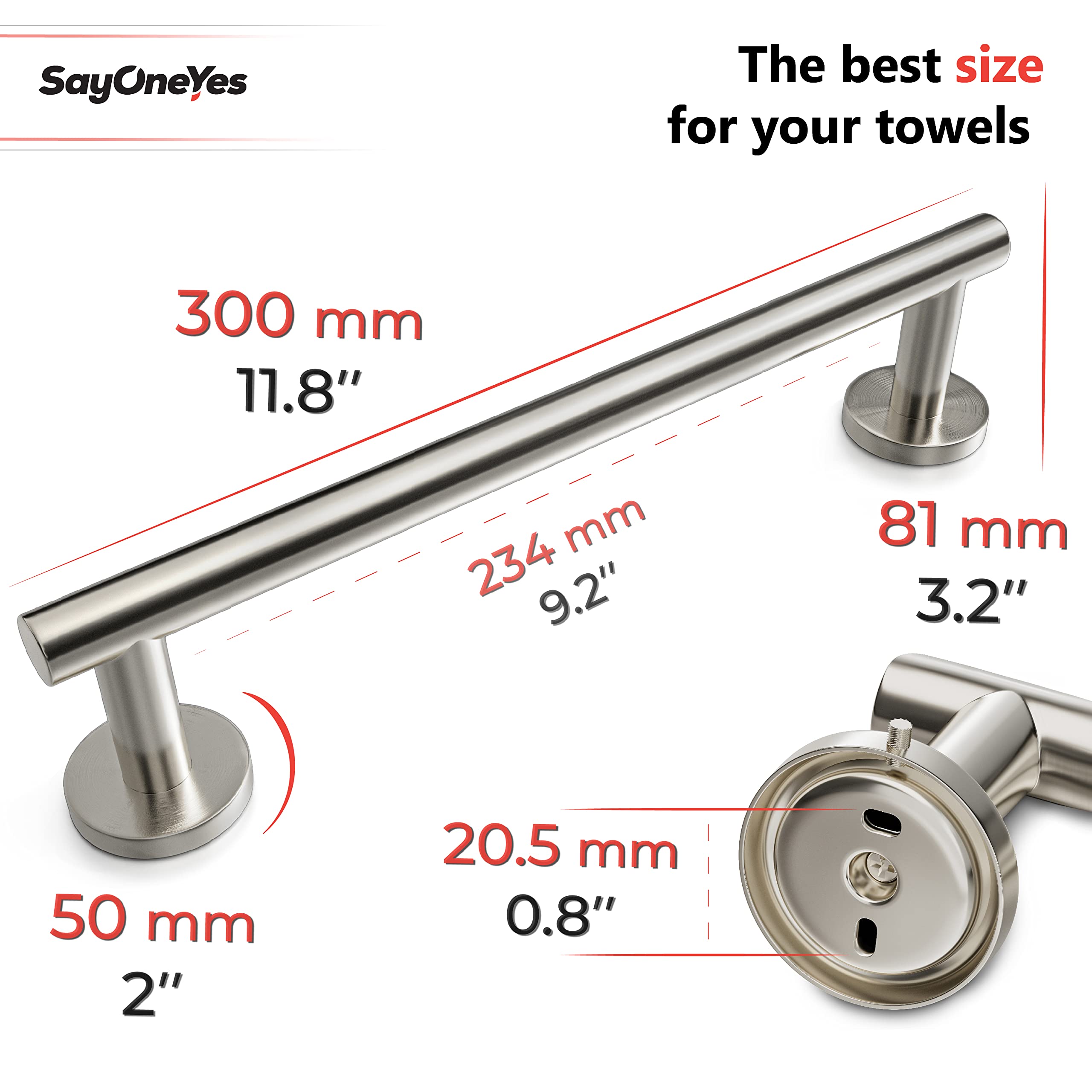 SAYONEYES Brushed Nickel Towel Bar 12 Inch – Heavy Duty Stainless Steel SUS304 Towel Holder Rack for Bathroom, Kitchen, Bedroom Wall Mounted - Single Layer Shower Towel Hanger Rod