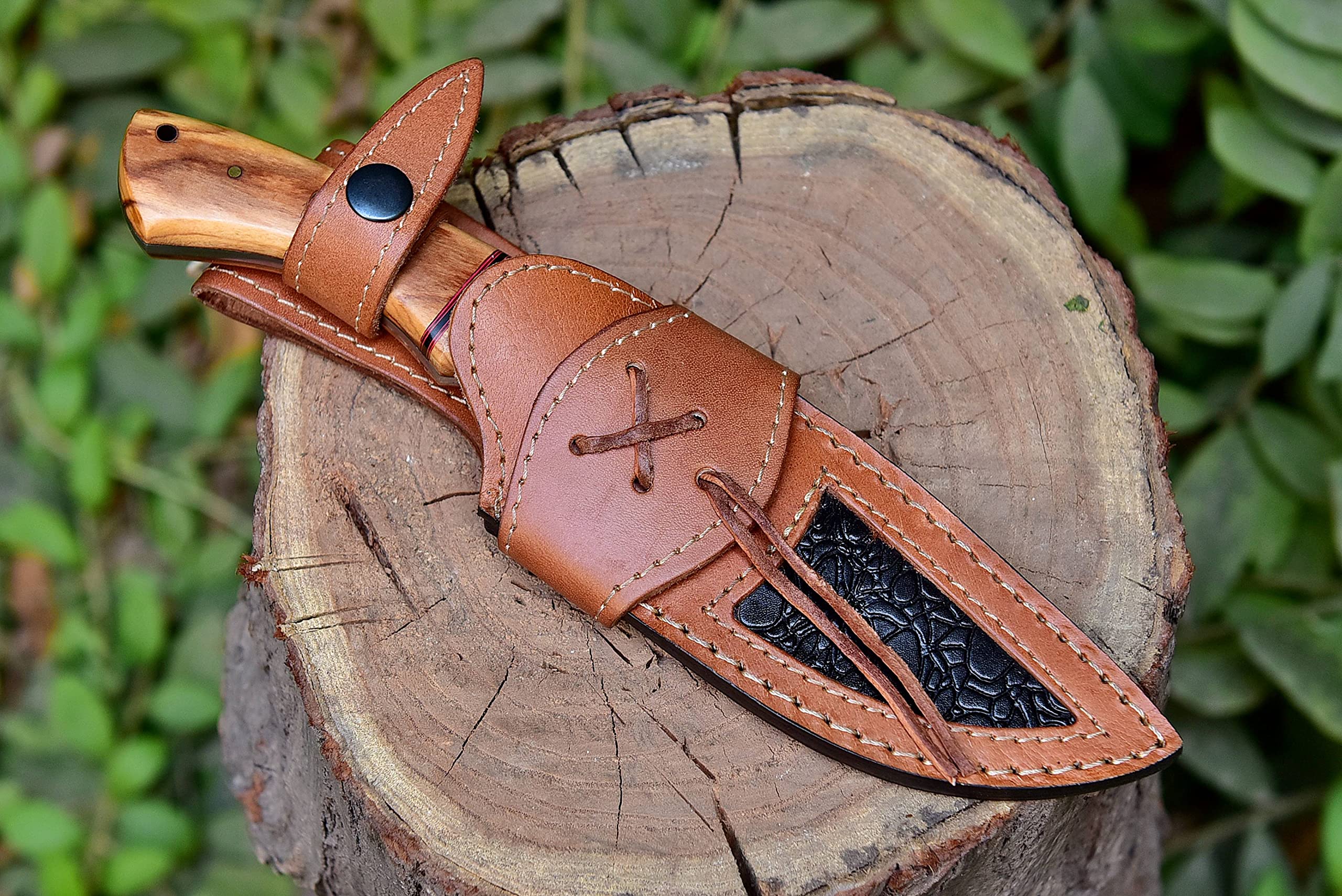 BG Knives Handmade Damascus Steel Hunting Fixed Blade Knife With Leather Sheath, Olive Wood Handle - 9.75" Length Full Tang Multipurpose Knife K-152