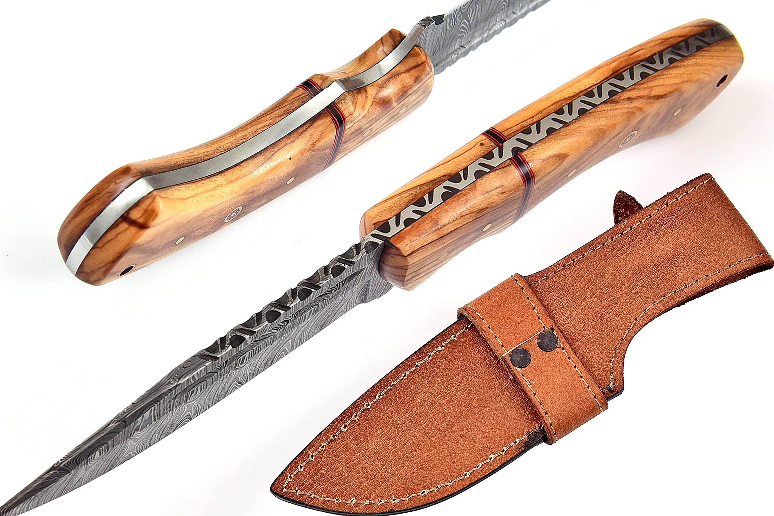 BG Knives Handmade Damascus Steel Hunting Fixed Blade Knife With Leather Sheath, Olive Wood Handle - 9.75" Length Full Tang Multipurpose Knife K-152