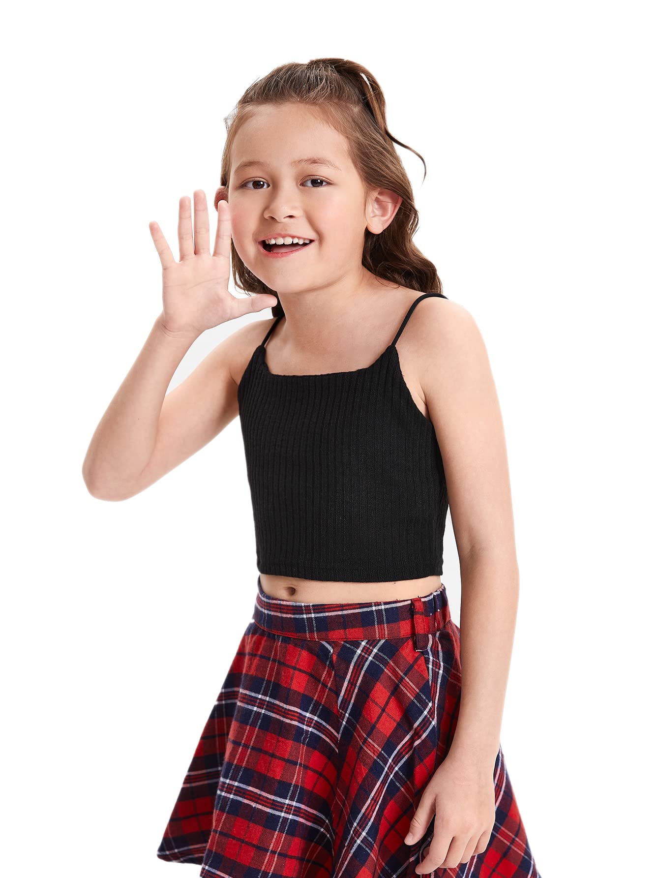 WDIRARA Girl's 2 Pack Basic Rib Knit Crop Cami Top Sleeveless Casual Top Black and White 10Y