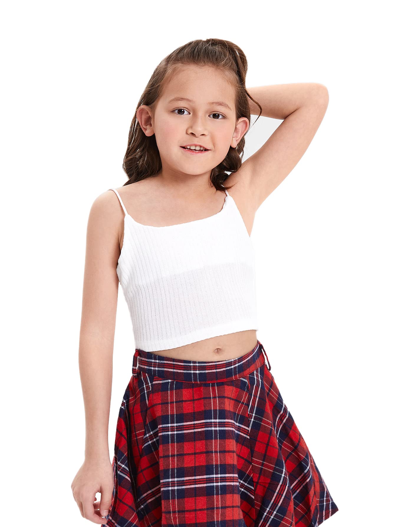 WDIRARA Girl's 2 Pack Basic Rib Knit Crop Cami Top Sleeveless Casual Top Black and White 10Y