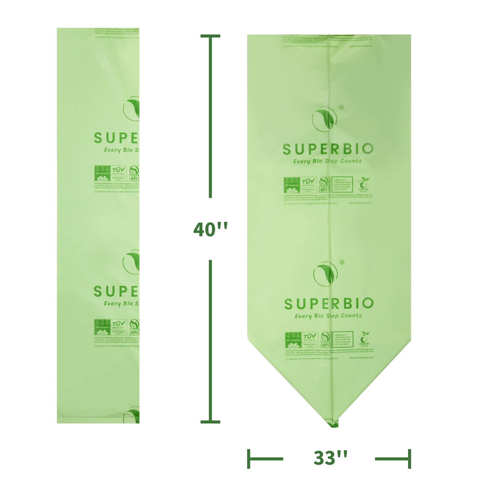 SUPERBIO 33 Gallon Compostable Yard Waste Bags, Lawn & Leaf Bags, 40 Count, ASTM D6400, BPI and OK compost INDUSTRIAL