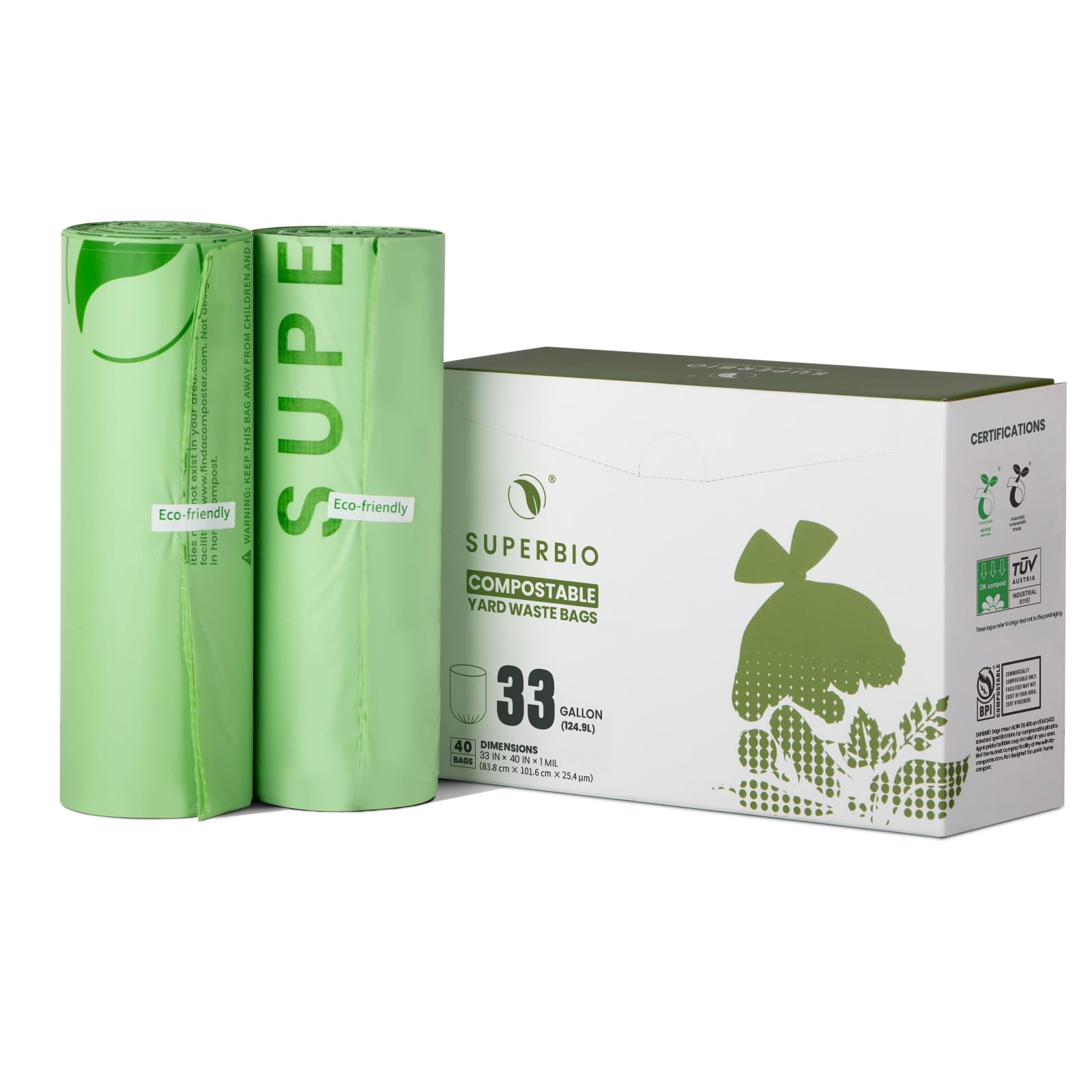SUPERBIO 33 Gallon Compostable Yard Waste Bags, Lawn & Leaf Bags, 40 Count, ASTM D6400, BPI and OK compost INDUSTRIAL