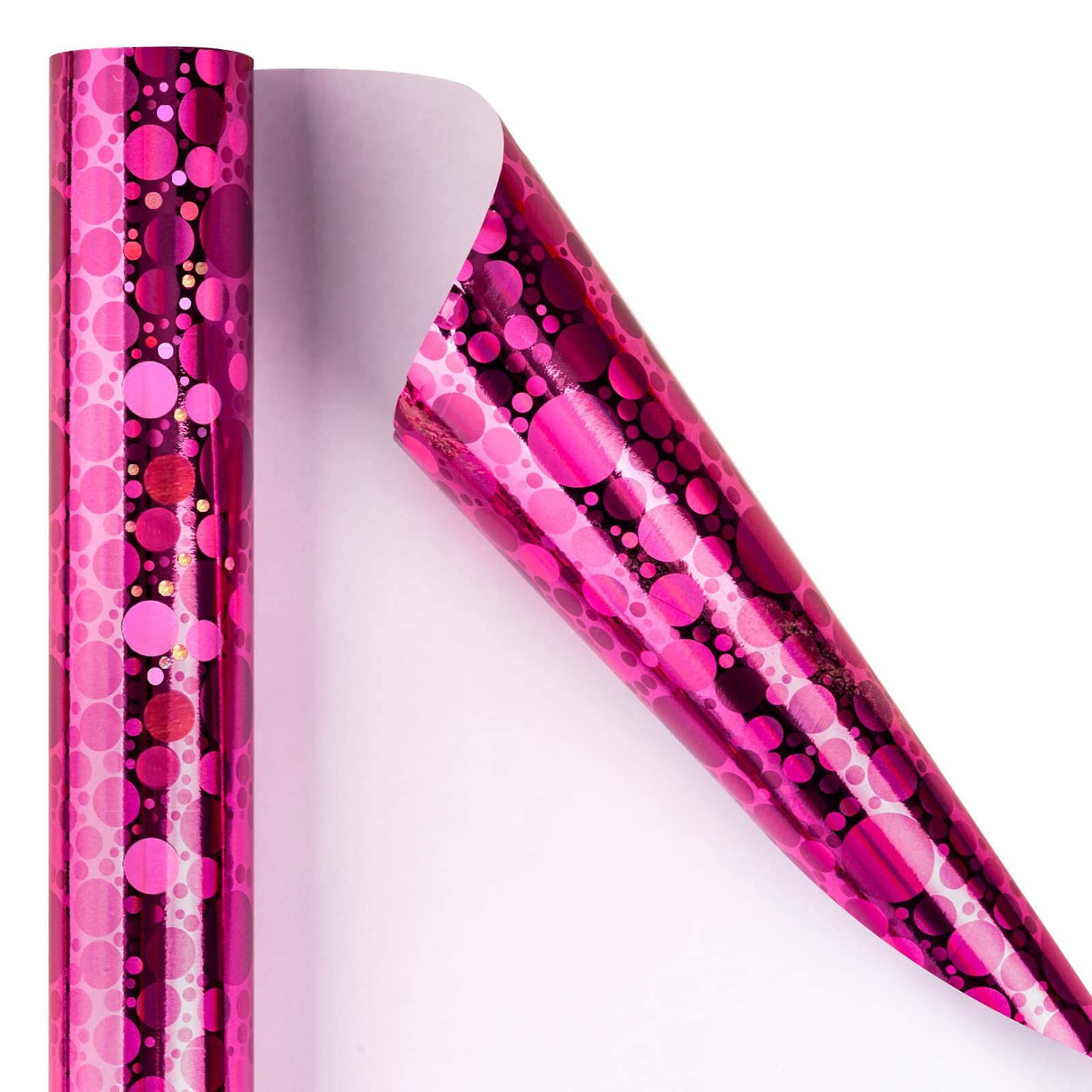 LeZakaa Pink Holographic Wrapping Paper - Mini Roll - Polka Dot Print for Mother's Day, Wedding, Engagement - 17 inches x 32.8 Feet (46.5 sq.ft.)
