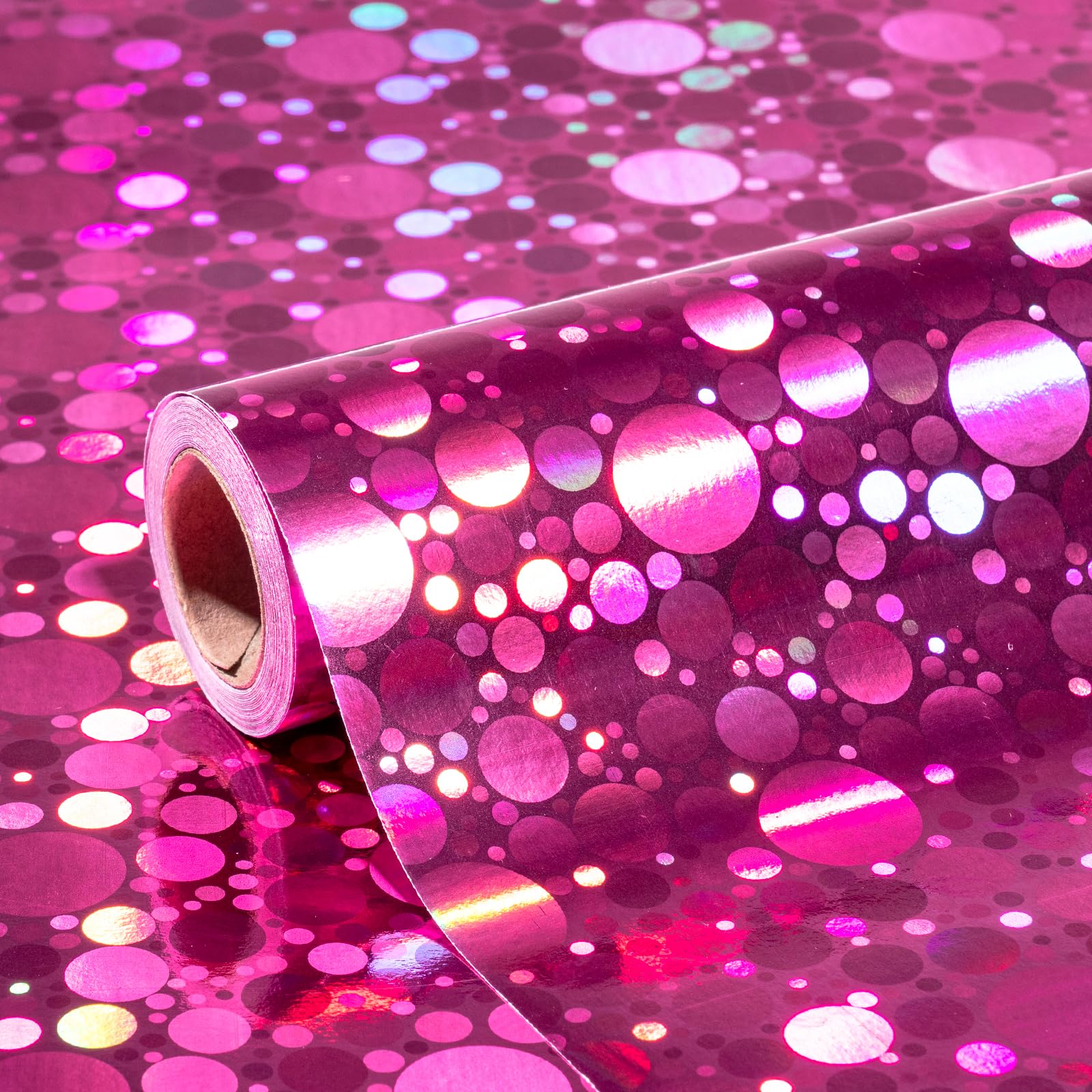 LeZakaa Pink Holographic Wrapping Paper - Mini Roll - Polka Dot Print for Mother's Day, Wedding, Engagement - 17 inches x 32.8 Feet (46.5 sq.ft.)