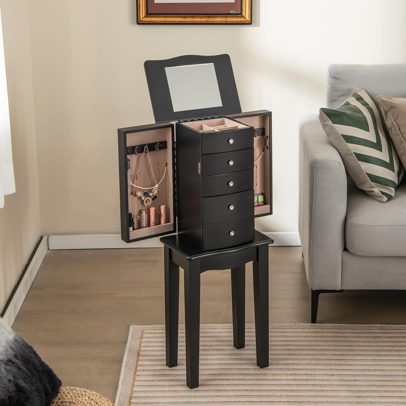 LUARANE Wooden Jewelry Cabinet, Jewelry Storage Organizer with Top Flip Mirror 4 Drawers, 2 Side Doors with Hooks and Compartments, Free Standing Jewelry Armoire with Solid Wood Legs, Black