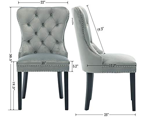 Guyou Upholstered Velvet Dining Chairs Set of 6, Dining Room Chairs Tufted Cushion Back Elegant Victoria Retro Accent Chairs with Solid Wood Legs for Living Room/Kitchen (Light Gray, with Ring)