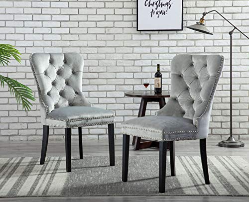 Guyou Upholstered Velvet Dining Chairs Set of 6, Dining Room Chairs Tufted Cushion Back Elegant Victoria Retro Accent Chairs with Solid Wood Legs for Living Room/Kitchen (Light Gray, with Ring)