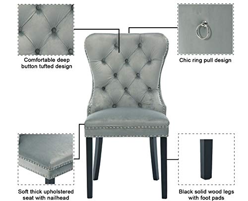 Guyou Upholstered Velvet Dining Chairs Set of 6, Dining Room Chairs Tufted Cushion Back Elegant Victoria Retro Accent Chairs with Solid Wood Legs for Living Room/Kitchen (Light Gray, with Ring)