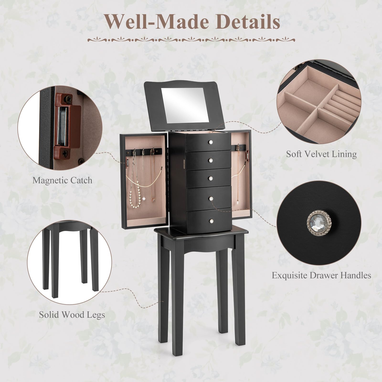 LUARANE Wooden Jewelry Cabinet, Jewelry Storage Organizer with Top Flip Mirror 4 Drawers, 2 Side Doors with Hooks and Compartments, Free Standing Jewelry Armoire with Solid Wood Legs, Black