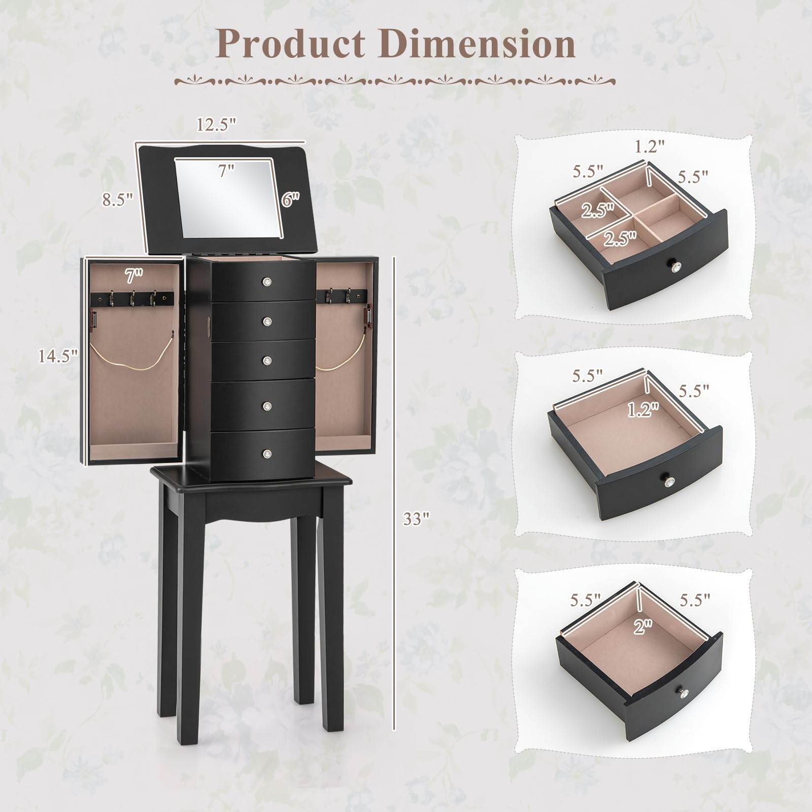 LUARANE Wooden Jewelry Cabinet, Jewelry Storage Organizer with Top Flip Mirror 4 Drawers, 2 Side Doors with Hooks and Compartments, Free Standing Jewelry Armoire with Solid Wood Legs, Black