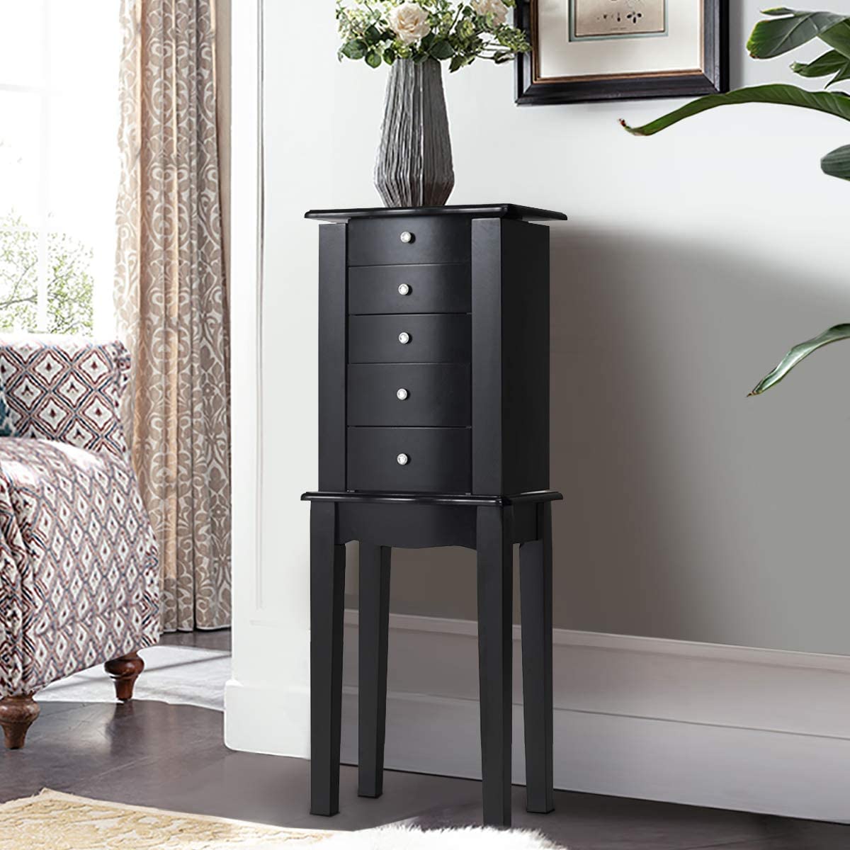 LUARANE Wooden Jewelry Cabinet, Jewelry Storage Organizer with Top Flip Mirror 4 Drawers, 2 Side Doors with Hooks and Compartments, Free Standing Jewelry Armoire with Solid Wood Legs, Black